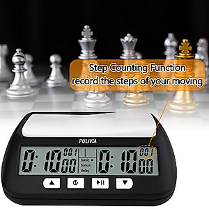 Digital Chess Clock Timer with Count Step, PULIVIA Chess Timer with Alarm, 3-in-1 Multifunction Portable Chess Clock, 2 AA Battery Included, Black