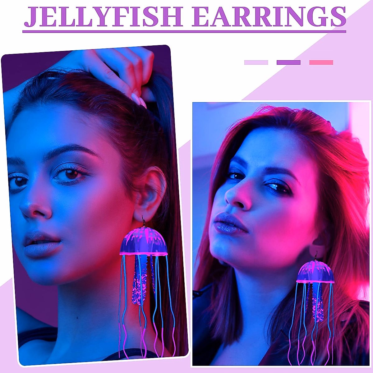 2 Pcs Glow Earrings Jellyfish Dangle Drop Weird Earrings Light up Glow in the Dark Christmas Party Decoration (Purple)