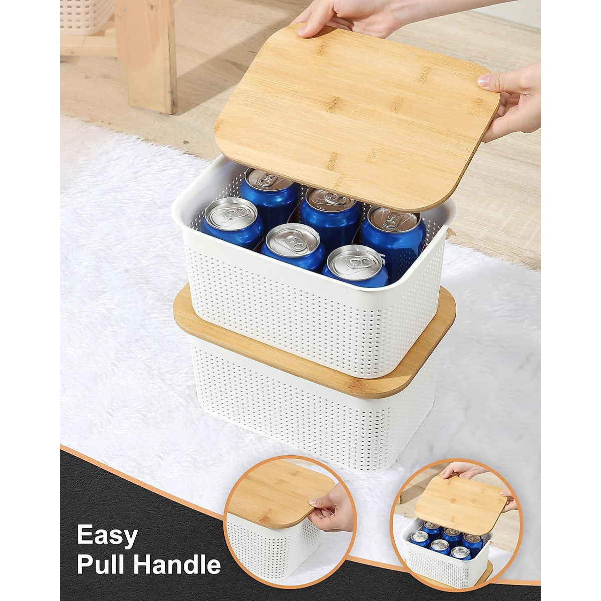 AREYZIN Plastic Storage Bins with Bamboo lids and Stackable Storage Baskets for Shelves - Organize Your Home or Office with These Space-Saving Storage Solution,6 Pack,White