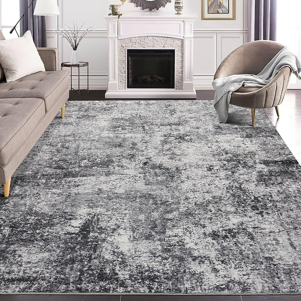 Area Rug Living Room Rugs - 9x12 Large Soft Indoor Neutral Modern Abstract Low Pile Washable Rug Carpet for Bedroom Dining Room Farmhouse Home Office - Grey