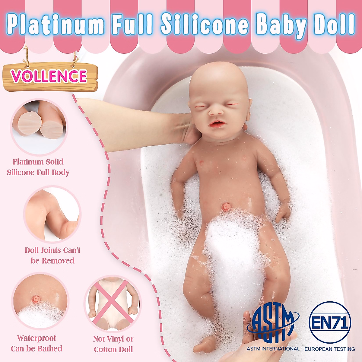 Vollence 18 inch Eye Closed Full Silicone Baby Doll,Not Vinyl Dolls,Sleeping Lifelike Reborn Baby Doll,Realistic Newborn Real Baby Doll - Girl