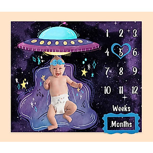 PHMOJEN Baby Monthly Milestone Blanket Fun Alien Spaceship Turquoise UFO Flying Saucer Age Blanket, Newborns 1 to 12 Months Unisex Include 4 Frames and 1 Headband 48"x40" BTLSPH729