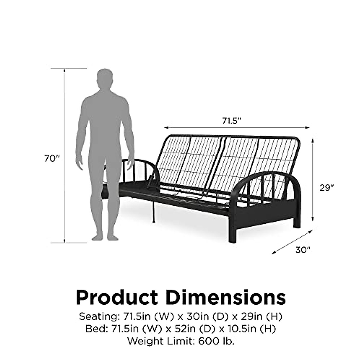 DHP Aiden Metal Futon Frame, Black Large