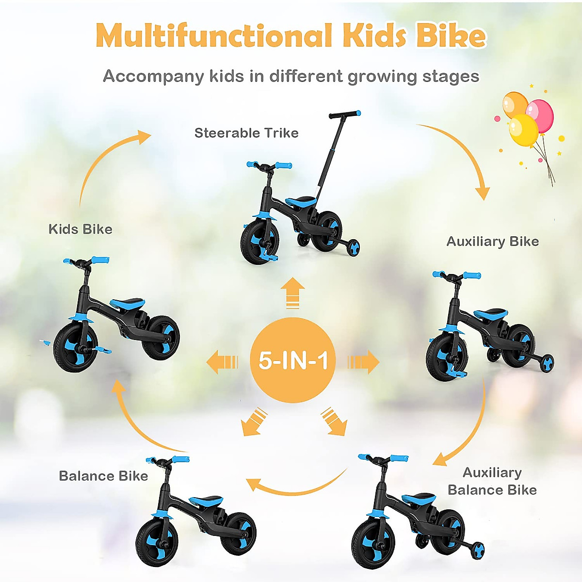 BABY JOY 5 in 1 Toddler Tricycle, Folding Kids Trike Baby Balance Bike w/Adjustable Steering Push Handle, Removable Pedals & Detachable Auxiliary Wheels, Ride-on Toy for 18-60 Months Boys Girls, Blue