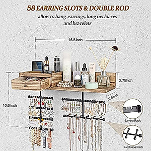 VINAEMO Jewelry Organizer Hanging Wall Mounted Jewelry Holder with Rustic Wood Drawer & Large Capacity Storage Shelf Rack Display for Earrings Rings Necklaces Bracelet
