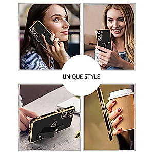 Telaso Phone Case Samsung Galaxy S22, Love Heart Cute Case with Wristband Kickstand Holder Soft TPU Plating Bumper Protective Slim Shockproof Cover for Girls Women, Black