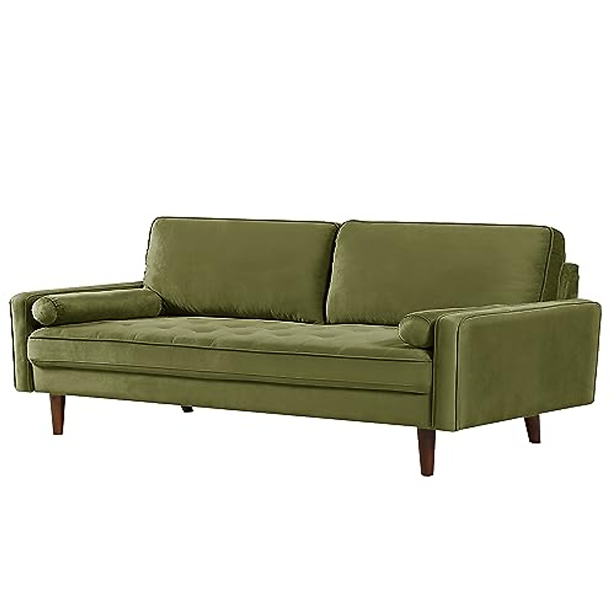 US Pride Furniture Velvet 70" Sofa Couch, Iconic Mid-Century Style Living Room Furniture with Contemporary Silhouette, Button Tufting and Wood Legs, Includes 2 Bolster Pillows, Olive Green