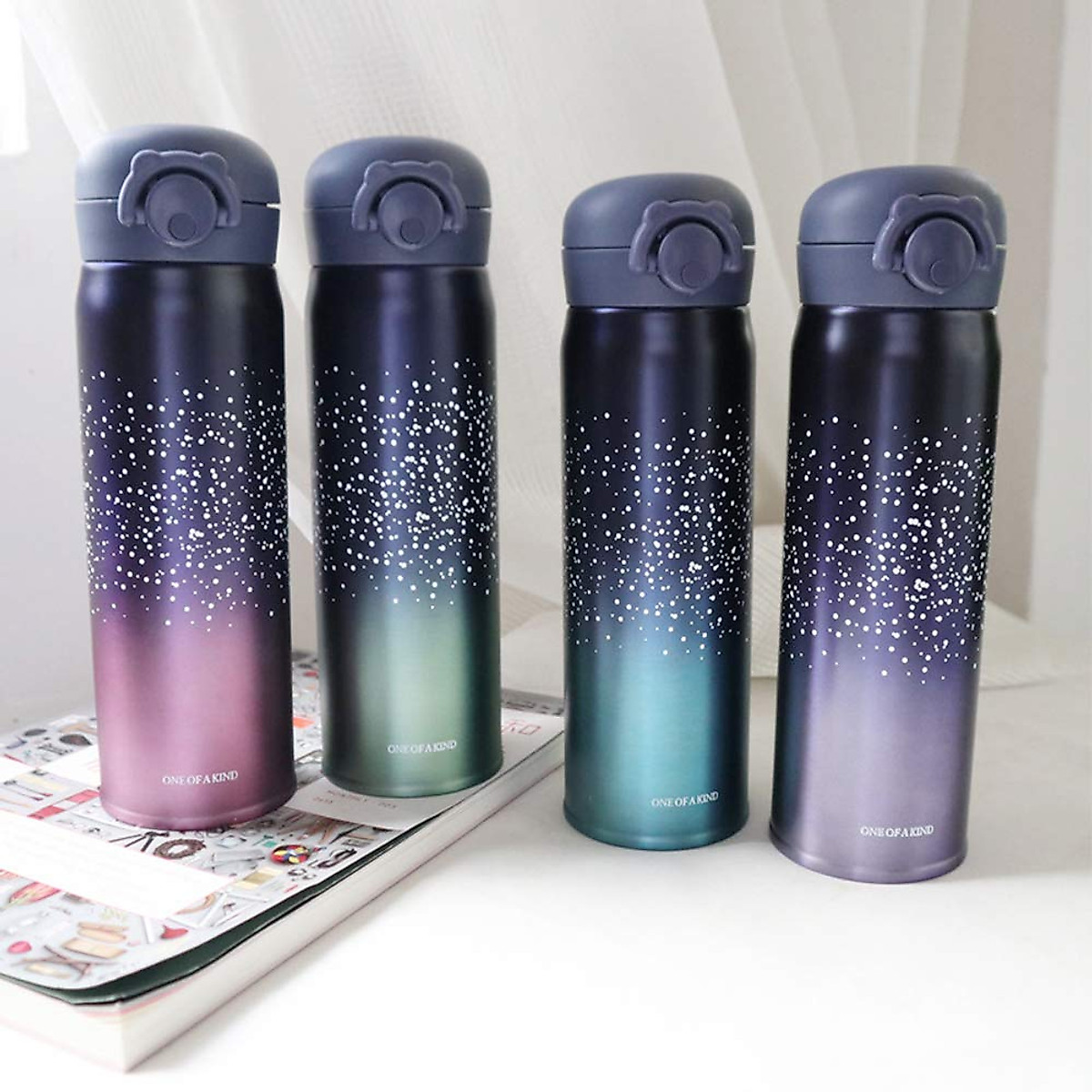 Water Bottle Thermoses Starry Sky, Thermal Vacuum Cups for Hot and Cold Drinks, BPA Free Stainless Steel Insulated Leak-proof Flask for Boys and Girls School Kids Indoor Outdoor Sports(17 oz Pink)