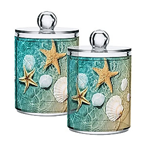 YYZZH Starfish Seashell In Clear Sea Water Ocean Beach 2 Pack Qtip Holder Dispenser for Cotton Swab Ball Round Pads Floss 10 Oz Apothecary Jar Set for Bathroom Canister Storage Makeup Organizer