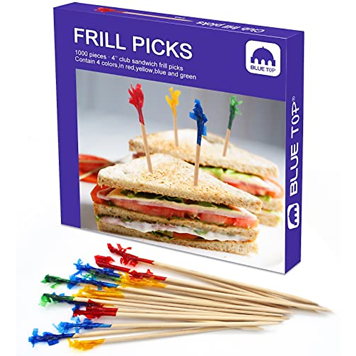 BLUE TOP Wood Frill Picks Toothpicks 4 Inch Pack 1000,Cocktail Party Toothpicks for Fruit,Appetizers,Club Sandwiches,Parties.
