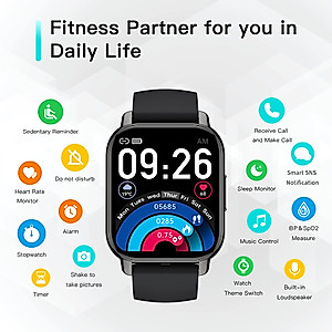 Popglory Smart Watch for Women & Men, 1.85'' Call Receive/Dial Smartwatch, Fitness Tracker with Blood Pressure/SpO2/Heart Rate Monitor, Fitness Watch with 2 Straps 3 Cables for iOS & Android Phones