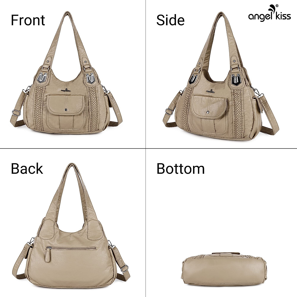 Angelkiss Purses and Handbags for Women Washed Vegan Leather Crossbody Hobo Satchel Shoulder Tote Purse L.BROWN