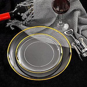 LIYH 60pcs Clear and Gold Plastic Plates Disposable Plates Heavty Duty Includes:30 Dinner Plates 10.25" and 30 Dessert Plates 7.5" Clear Plates with Gold Trim,Wedding Party Plates