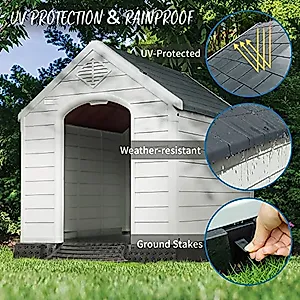 PUKAMI Durable Plastic Dog House with Elevated Floor and Air Vents for Outdoor Indoor Small Medium Large Dogs,Waterproof Ventilate & Easy Clean and Assemble(Grey, 42inch)