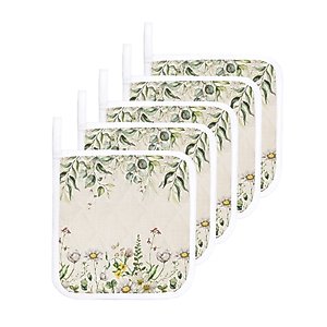 Spring Floral Pot Holders for Kitchen Heat Insulation, Weeping Eucalyptus Leaves Botanical Summer Flowers Daisy Potholders Hot Pads with Hanging Loop, Washable Pot Holder Trivet for Cooking 5 Pack