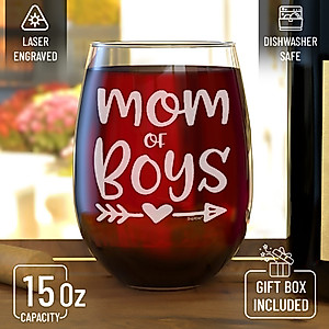 shop4ever Mom Of Boys Laser Engraved Stemless Wine Glass Boy Mom Glass