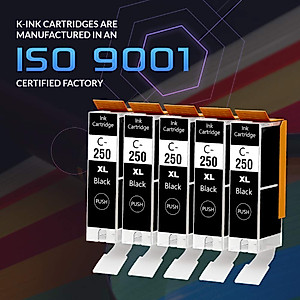 K-Ink Compatible Ink Cartridges Replacement for Canon PGI 250 PGI-250 XL Black (5 Big Black)