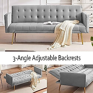 RIDFY 70” Modern Velvet Futon Sofa Bed, Convertible Sleeper Couch with Metal Legs/Armrests, Folding Upholstered Loveseat, Memory Foam Living Seat, Recliner Sofa for Home/Office (Grey)