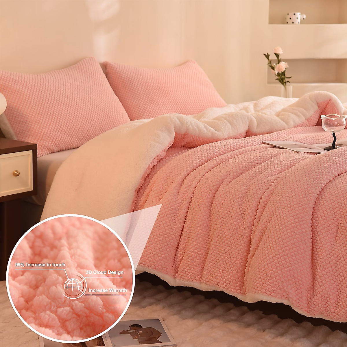 LLanCL 3D Jacquard Design Comforter Set, Ultra-Soft Warm Queen Size Sherpa Fur Plush 3-Pieces Sets Luxury Cozy Bedding with 2 Pillowcases (90"x90", Pink)