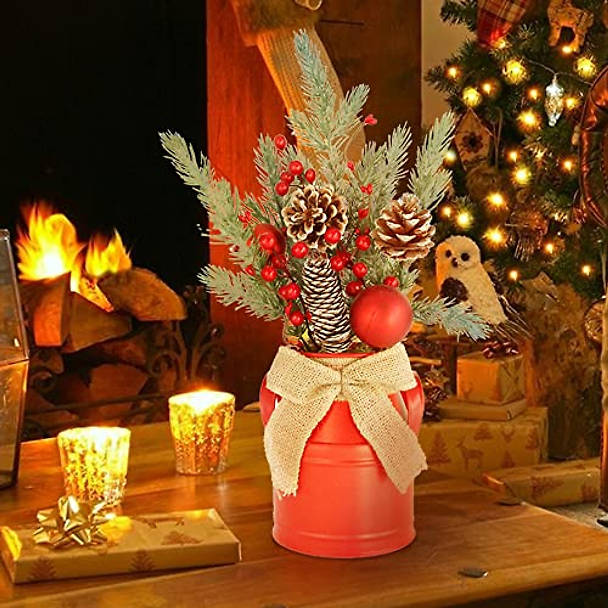 Qingbei Rina Artificial Christmas Centerpiece Decoration,Mini Red Christmas Tree Potted Plants,Holiday Table Fake Greenery with Christmas Ball, Pine, Berry for Home,Office, Window, Fireplace