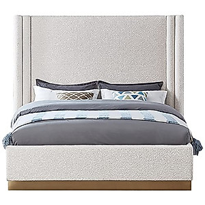 Meridian Furniture HaltonCream-K Halton Collection Modern | Contemporary Boucle Fabric Upholstered King Bed, Rich Cream Boucle Fabric, Brushed Gold Metal Base, 94" W x 86.5" D x 65" H, Cream, King