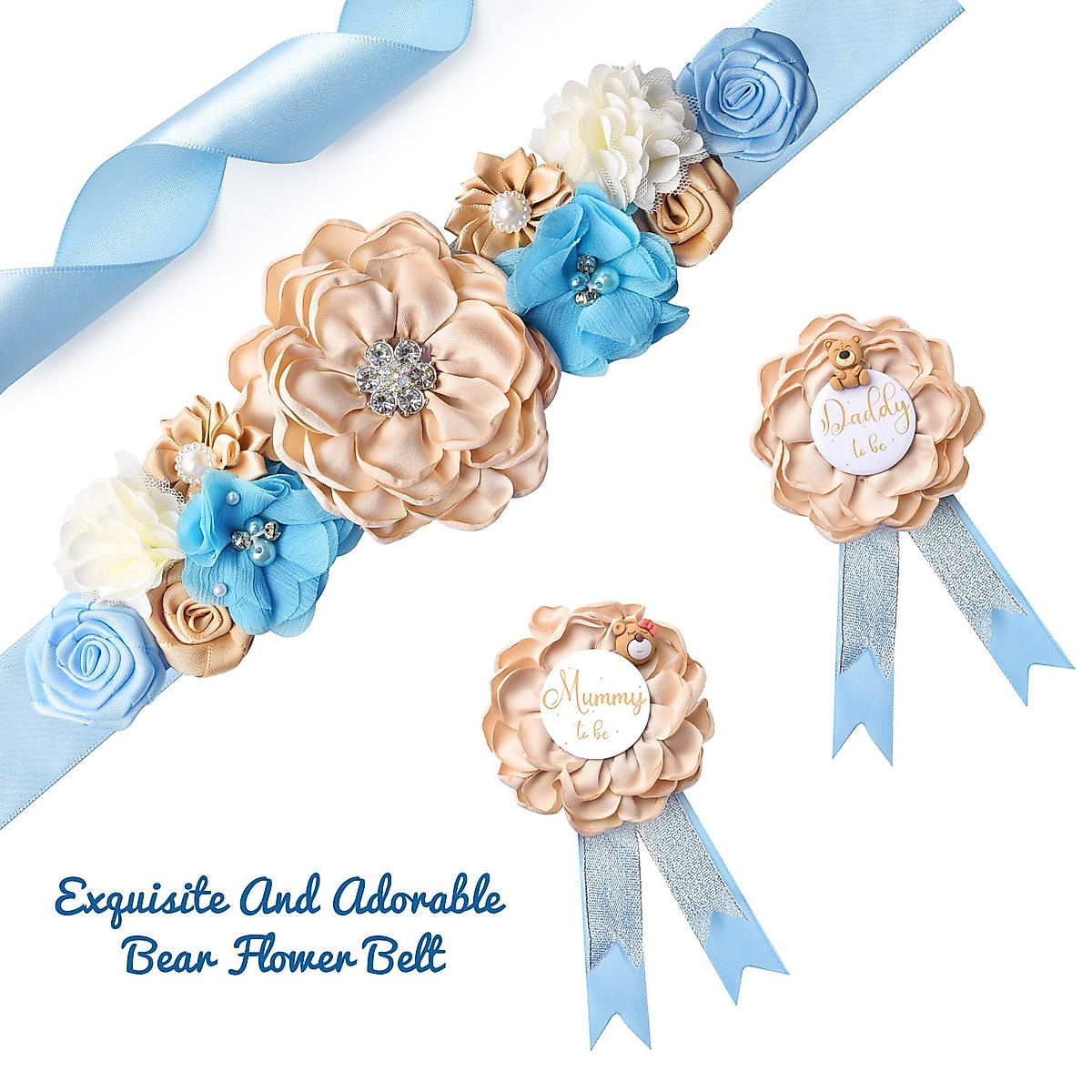 XINRUI Floral Maternity Sash Mummy Daddy to Be Corsage Pin Set Blue Teddy Bear Baby Shower Sash Belly Belt Flower Pregnancy Photo Props Maternity Photography (Champagne)
