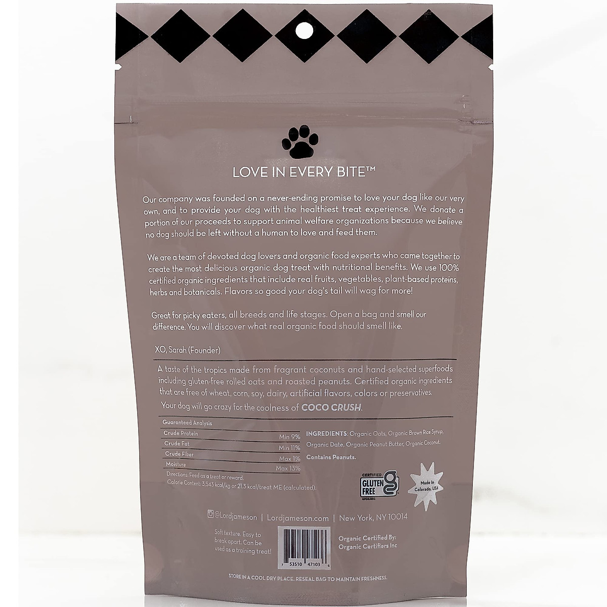 Lord Jameson Coco Crush Organic Dog Treats, Organic Dog Treats Made with Peanut Butter and Coconut, 6 oz. Bag