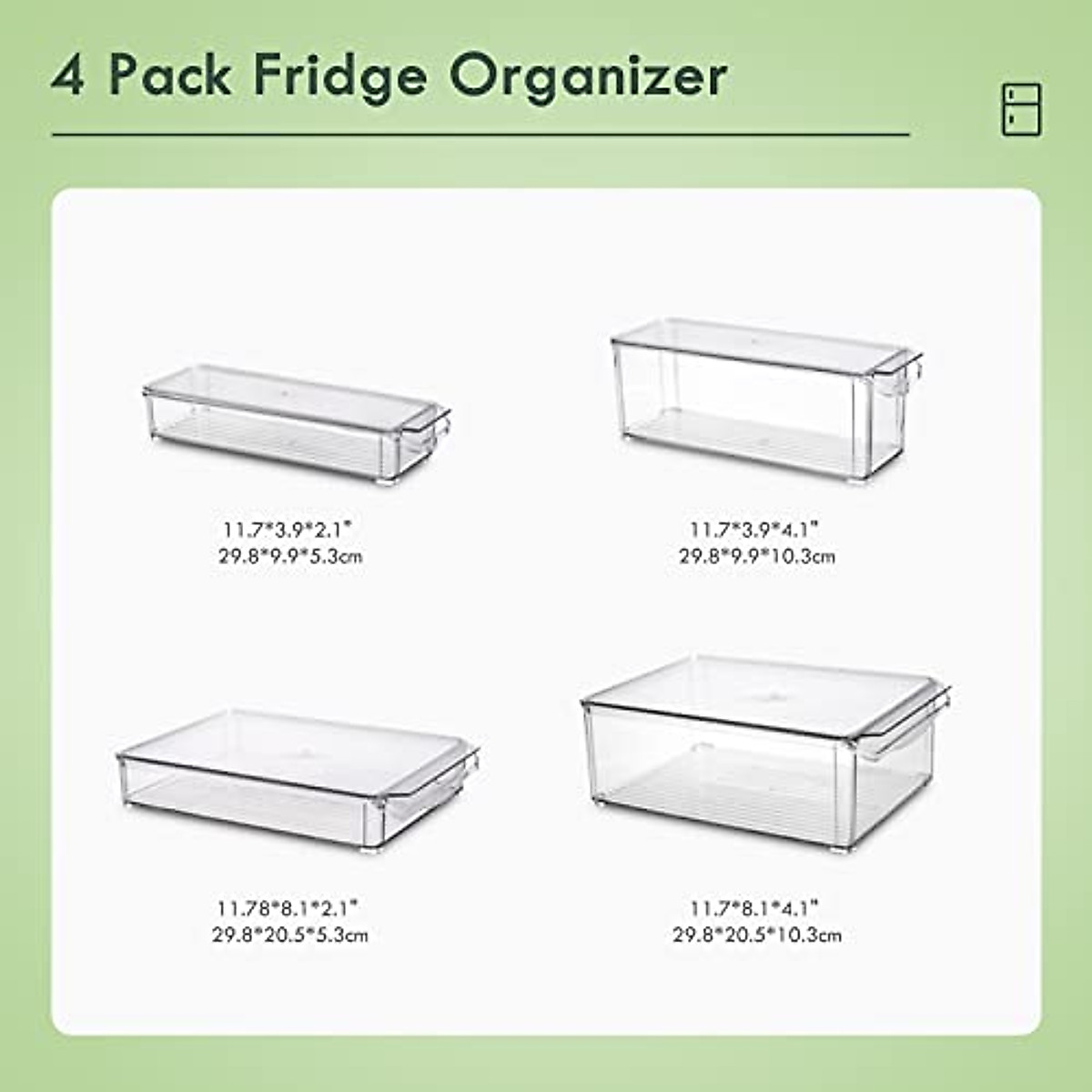 Aomola 4 Pack Refrigerator Organizer Bins - Stackable Fridge Storage Box with Lid, BPA-Free Kitchen Organization Containers Clear, Home Organize for Fruit Vegetable Drinks Food