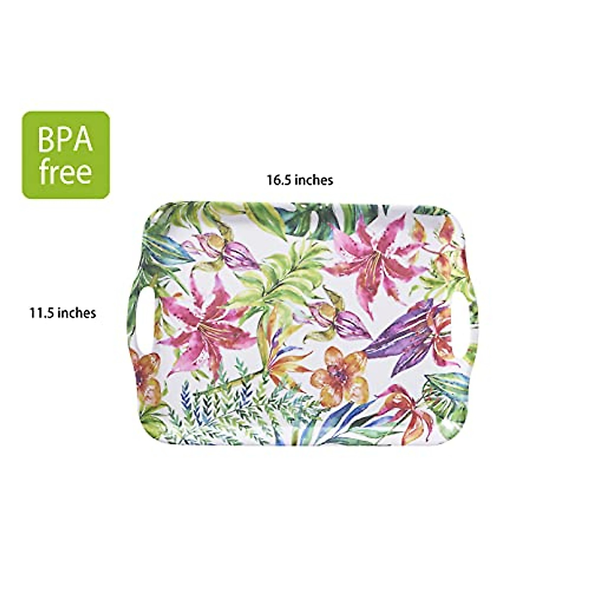 Blue Boat 16.5" x 11.5" Rectangular Melamine Serving Tray Set of 2 Floral, Light Weight Easy to Clean Sturdy Stackable Serving Tray with Handle, Fruit, Snacks, and Desserts Trays, TV Trays