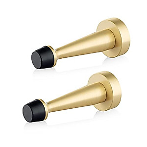 QOGRISUN 2-Pack Solid Brass Door Stop, Decorative Door Stopper Wall Protector, Heavy Duty Door Stop with Rubber Bumper Tip for Wall Door Protection Sound Dampening, Brushed Brass