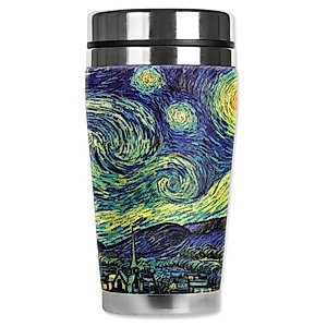 Mugzie Van Gogh Starry Night Travel Mug with Insulated Wetsuit Cover, 16 oz, Black