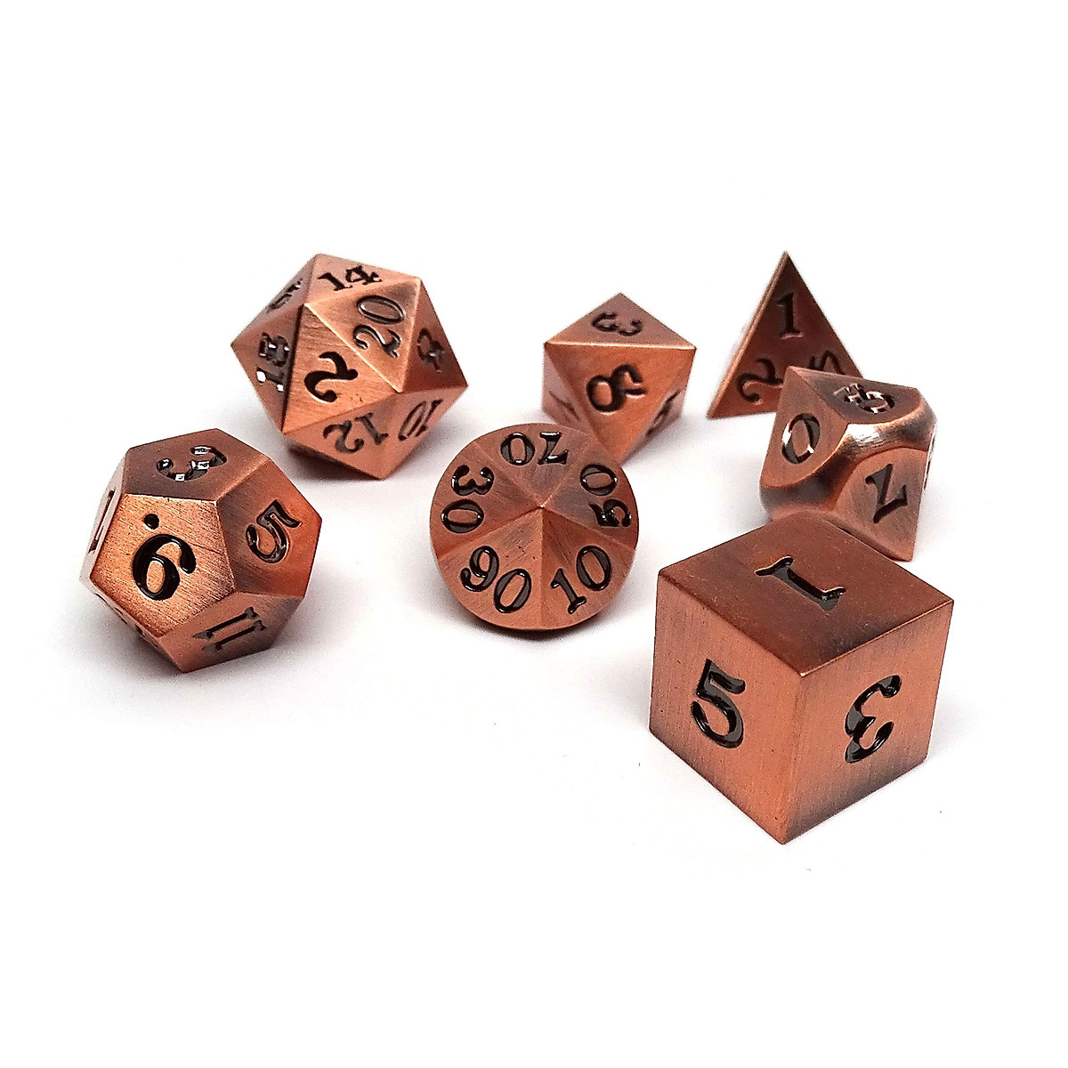 Legendary Copper Metal Polyhedral Dice Set with Black Signature Font - 7 Piece Collection