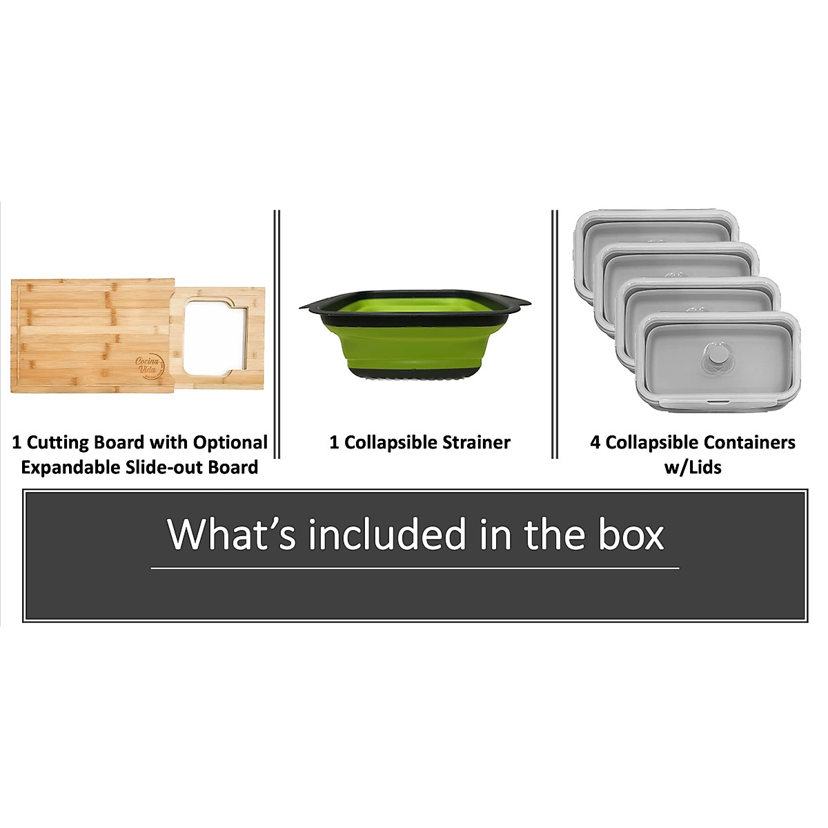 Cocina Vida Bamboo Cutting Board with 4 Collapsible Containers and Strainer - All-in-One Over the Sink or Counter Slide-out Bamboo Cutting Board - Kitchen Must Have