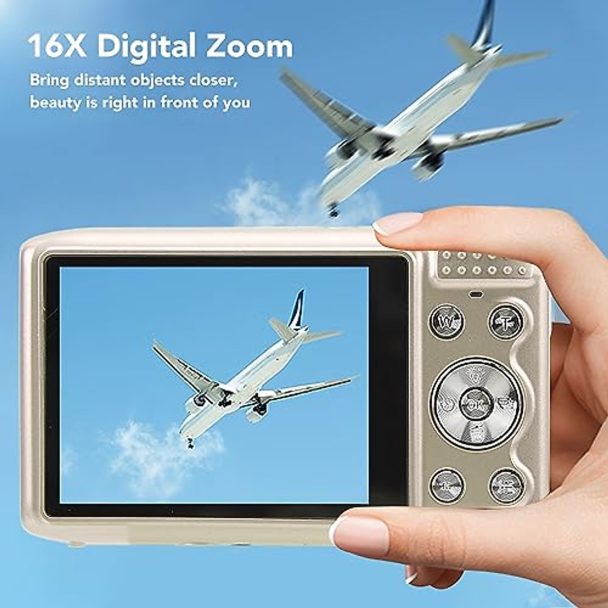 4K Digital Camera, 58MP 16X Zoom Auto Focus Vlogging Camera, Kids Compact Camera with 2.88Inch HD TFT Screen, Face Recognition, Timing Function, Fixed Focus Macro (Gold Color)