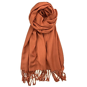 Plum Feathers Premium Solid Color and Metallic Fashion Scarf, Womens Pashmina Shawl Wrap with Fringes (Clay Orange)