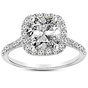 Houston Diamond District 14K White Gold 3 Carat LAB GROWN DIAMOND Halo Cushion Cut Diamond Engagement Ring (G-H Color VS1-VS2 Clarity 2.5 Ct Center)