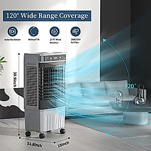 VCJ Evaporative Cooler for room, 120°Oscillation Swamp Cooler with 6 Ice packs,3-Mode 3-Speed Air Conditioner for Outdoor Indoor Use Home Office