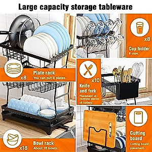 PKBD Rustproof Dish Drying Rack, 2 Tier Dish Rack with Drainboard, Cup Holder, Detachable Dish Drainer Organize Shelf with Utensil Holder Set, Large Dish Racks for Kitchen Counter, Black