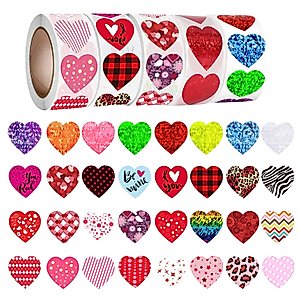Multi-Colored Heart Stickers for Valentine Day - 1" Adhesive Heart Stickers for Envelopes 500 Per Roll, Personalized Valentines Day Love Stickers for Birthday, Wedding and Festival (2500 Pieces）