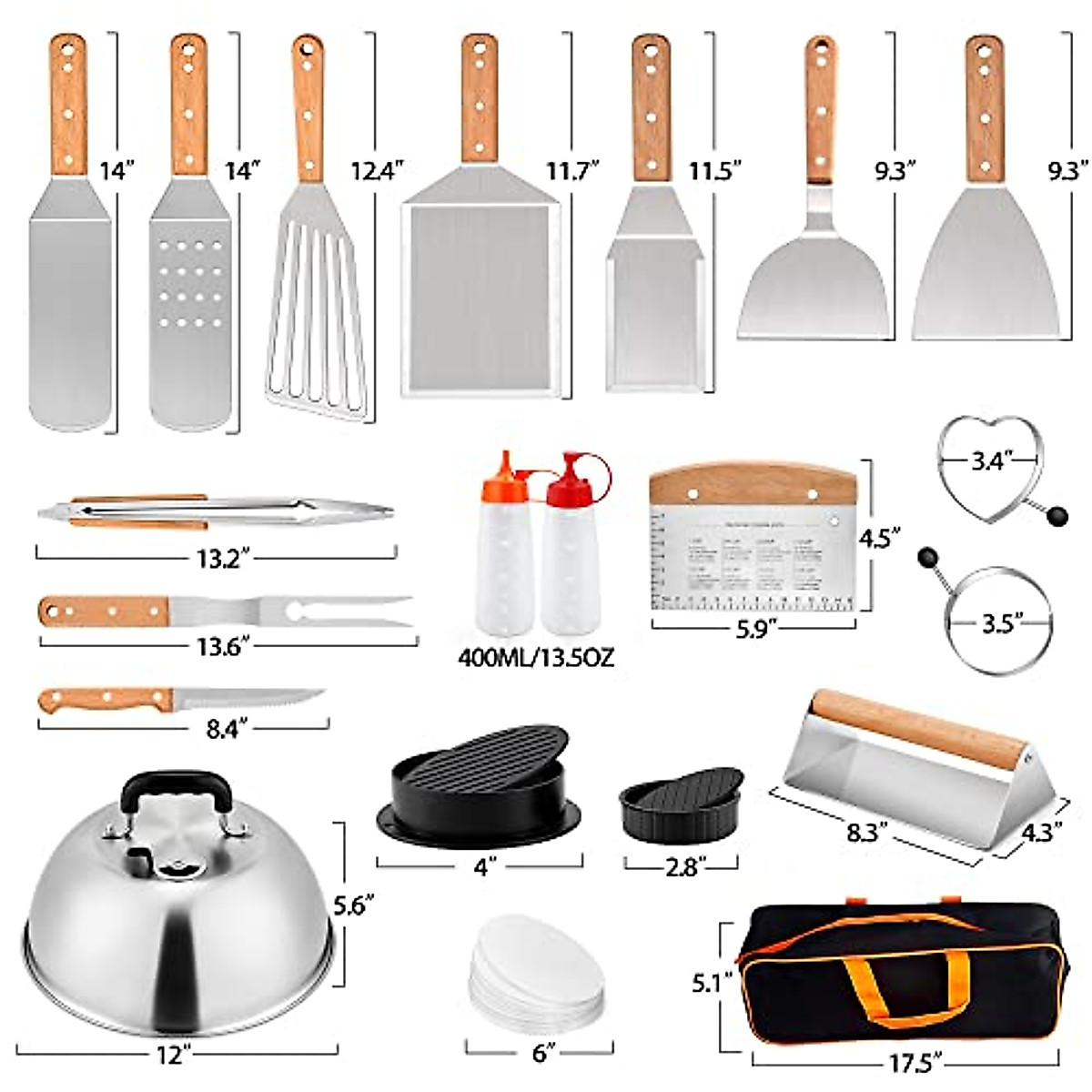 Leonyo 26 Piece Griddle Accessories, Flat Top Grill Accessories Stainless Steel Griddle Spatula with Metal Scraper, Burger Press, Melting Dome, BBQ Grilling Tools for Outdoor Kitchen Hibachi Grill