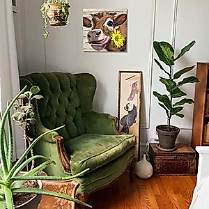 Cow Pictures Wall Decor Country Farmhouse Canvas Wall Art Rustic Sunflower Bathroom Decor Framed Artwork Paintings for Wall Decorations for Bedroom Office Kitchen Living Room,Ready to Hang 13.4" X 13.4"