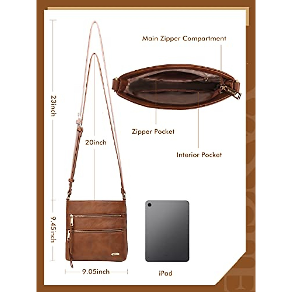 Vangue Crossbody Bags for Women, Medium Size Zipper Pocket with Adjustable Strap Crossbody Purse (Brown)