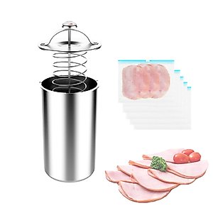JDOQOKJ Ham Maker Stainless Steel Meat Press with Thermometer ，and 5 Pack ziplocks, For Making Deli Meat, Homemade Lunch Meat. Meat Press Mold for Deli Meats.