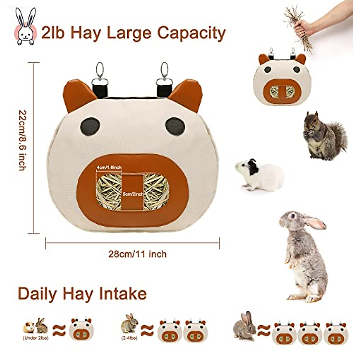 Zhilishu Rabbit Hay Feeder Bag, Hay Feeder for Guinea Pig Timothy Hay Feeder Dispenser Storage with 2 Hanging Hooks for Bunny Small Animal Cage Mess Free (Brown)