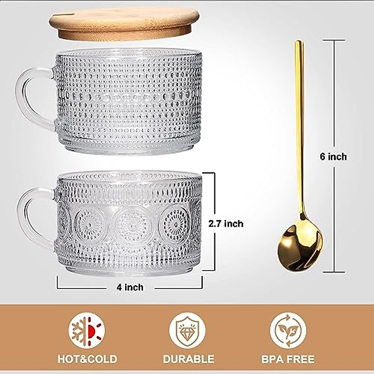 Xigugo Vintage Coffee Mugs 4pcs Set, Clear Embossed Tea Cups with Bamboo Lids and Spoons, 14 Oz Glass Coffee Cups, Cute Coffee Bar Accessories, Iced Coffee Glasses, Ideal for Cappuccino, Latte, Tea