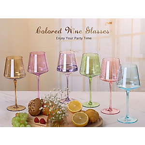 Physkoa Colored Wine Glasses Set 6-16OZ Colorful Wine Glasses With Tall Long Stem&Flat Bottom,Colored Stemmed Wine Glasses,Wine Gifts for Christmas Thanksgiving