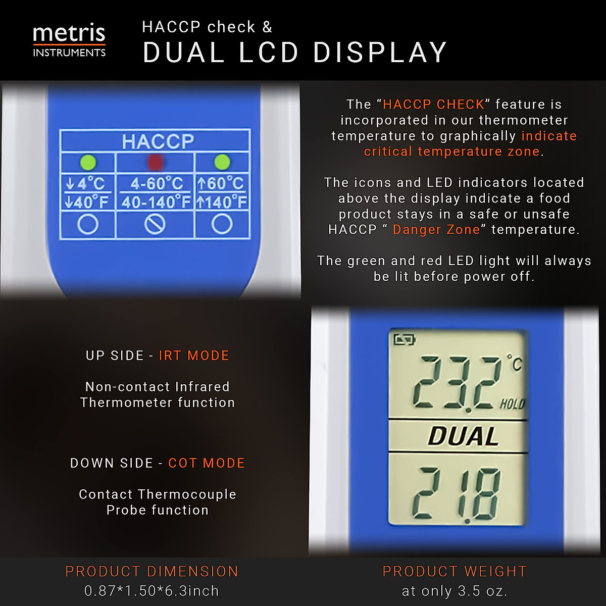Metris Instruments Food Cooking Meat Thermometer Digital Infrared Instant Read with Probe for Kitchen, Outside Grill, BBQ Smoker, Model TCT303F-NSF NSF Approved