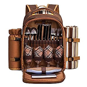 Apollo Walker Picnic Backpack Bag for 4 Person with Cooler Compartment,Wine Bag, Picnic Blanket(45"x53"),Best for Family and Lovers Gifts (Brown)