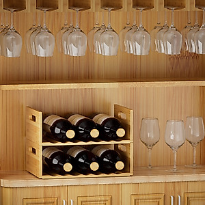 MinBoo Bamboo Wine Bottle Holder, 2 Tier Wine Bottle Holder for Cabinet or Wine Cooler, Stackable Water Bottle Storage Rack, Wine Bottle, Beverage, Cabinet Organizer, Kitchen Countertop, Wine Cooler