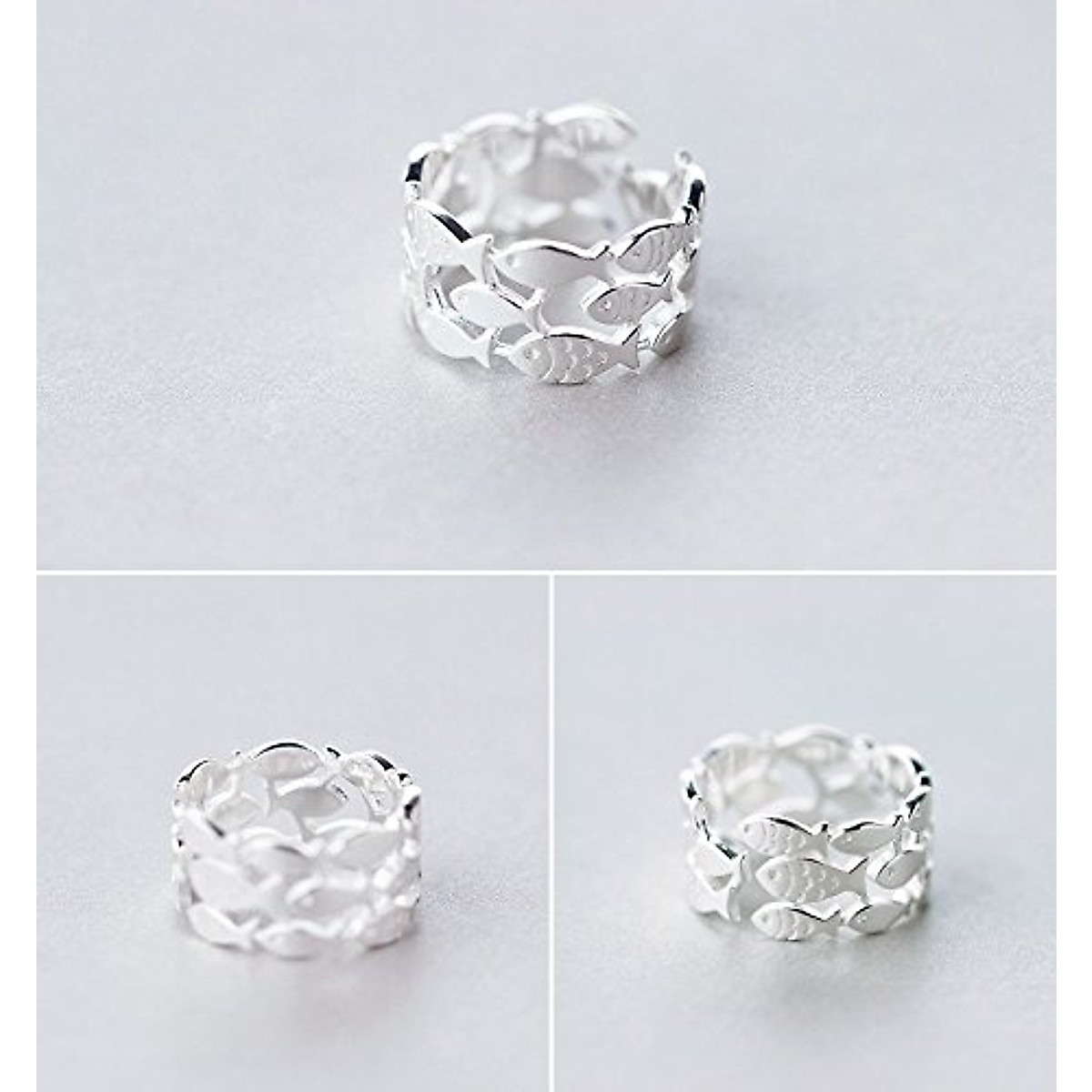 Helen de Lete Simple School Fish Geometric Pattern 925 Sterling Silver Open Ring-white silver